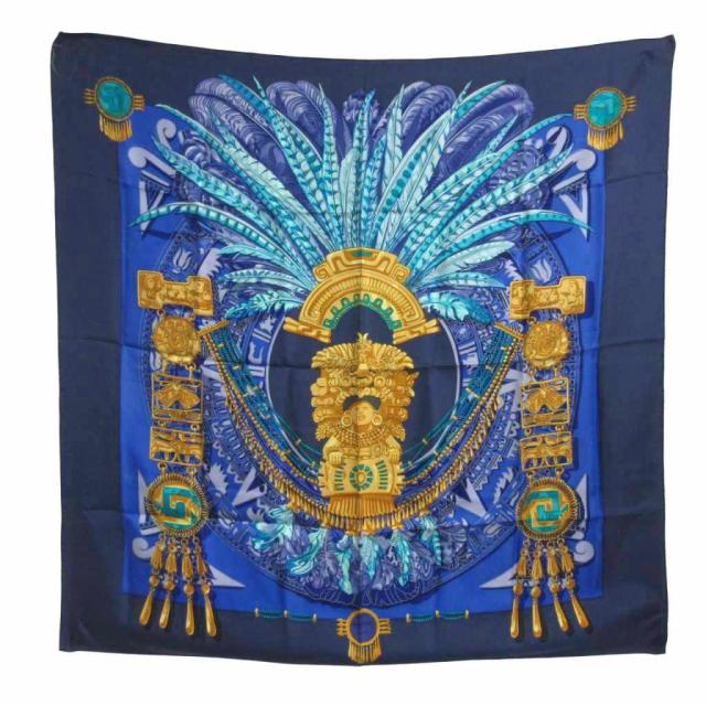 【中古】エルメス HERMES カレ 90 MEXIQUE メキシコ インカ スカーフ 仏像 大仏 シルク 大判 青 ブルー レディース
