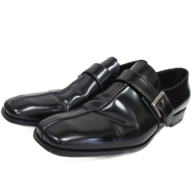 【中古】プラダ PRADA スクエアトゥ シングルモンク ビジネス レザーシューズ ドレス 革靴 黒 ブラック 9 1/2 IBO84