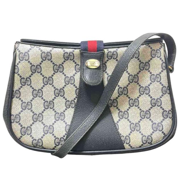 【中古】OLD GUCCI オールドグッチ GGプラス シェリーライン ショルダーバッグ GG柄 レザー 黒 ブラック 116.02.024