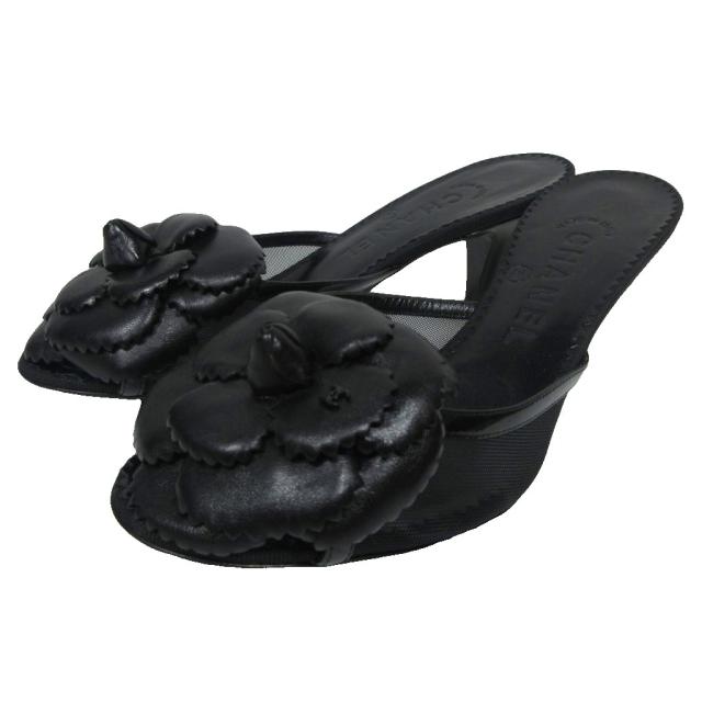 【中古】シャネル CHANEL カメリア サンダル ミュール ラムスキン ココマーク メッシュ 35.5C 黒 ブラック ■MNK3