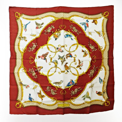 【中古】エルメス HERMES 美品 カレ90 LA CLE des CHAPS 自由の天地への鍵 スカーフ シルク 鳥 バード 総柄 白 赤