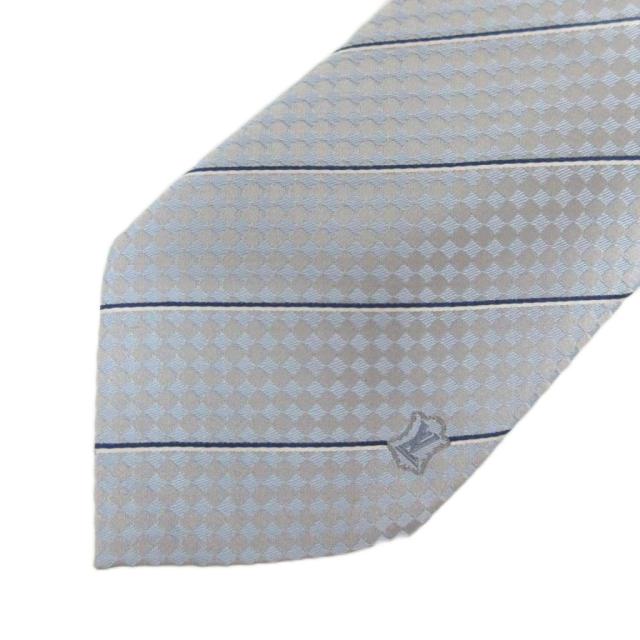 【中古】ルイヴィトン 美品 ダミエ レジメンタルストライプ ネクタイ LVロゴ シルク ビジネス ライトブルー ■MNK3