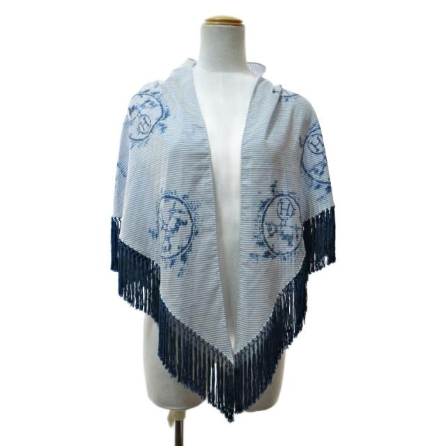 【中古】エルメス HERMES 三角 ショール ストール フリンジ ストライプ ロゴ プリント ラメ 青 白 1203 ■MNK3