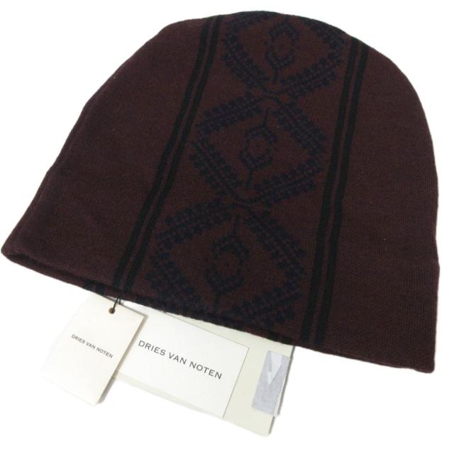【中古】未使用品 ドリスヴァンノッテン DRIES VAN NOTEN タグ付 22AW 幾何学模様 メリノウール ニット帽 ボルドー