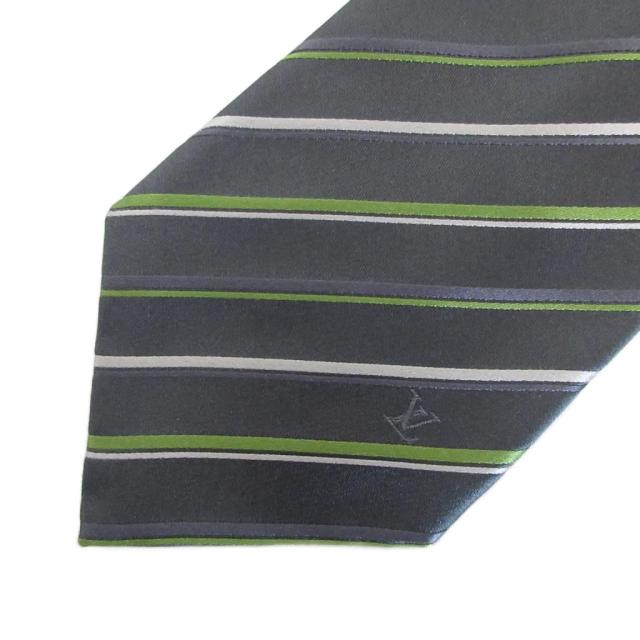 【中古】ルイヴィトン 美品 レジメンタルストライプ ネクタイ ダミエ裏地 シルク ビジネス ネイビー ☆AA★