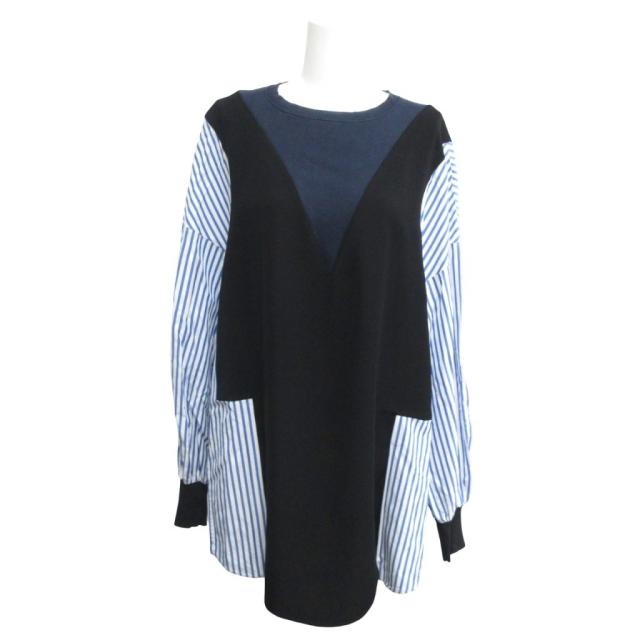 【中古】エンフォルド ENFOLD ダブルサテンニットプルオーバー シャツ ドッキング 長袖 38 黒 ネイビー 青 ブルー