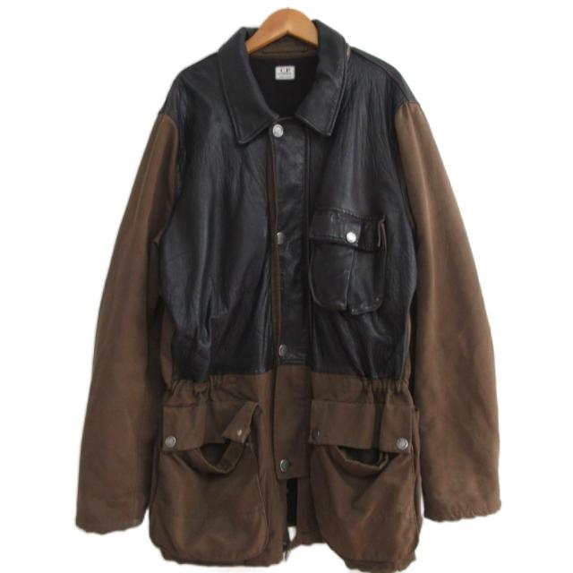 【中古】シーピーカンパニー C.P.COMPANY 05AW レザー切替 コート ミリタリージャケット 襟レザー 茶 ブラウン 52