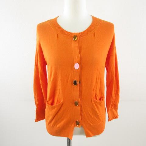 【中古】マリリンムーン Marilyn Moon カーディガン ニット 七分袖 ビジューボタン 薄手 オレンジ *E973 レディース
