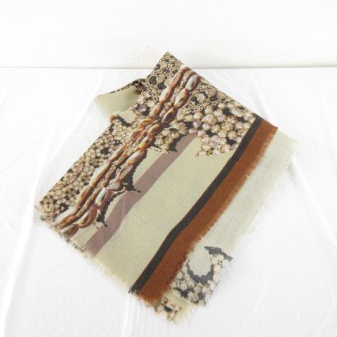 【中古】パズキ PAZUKI ウールストール フリンジ 総柄 茶 ベージュ *A918 レディース