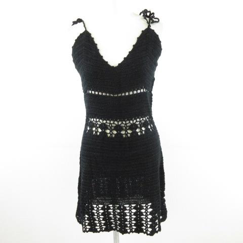 【中古】未使用品 ユニフ UNIF ニットキャミワンピース チュニック ミニ 鍵編み 黒 XS *A640 レディース