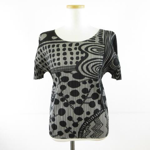 【中古】プリーツプリーズ PLEATS PLEASE イッセイミヤケ カットソー 半袖 プリーツ 総柄 グレー 3 *T358 レディース