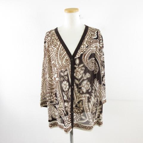 【中古】レオナール LEONARD シャツ カーディガン 七分袖 総柄 茶 ベージュ L *A791 レディース