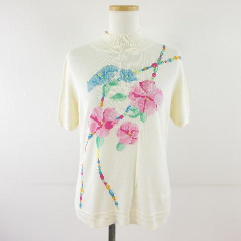 【中古】レオナールスポーツ LEONARD SPORT ニット セーター 半袖 花柄 ビーズ オフホワイト 白 40 *T432 レディース