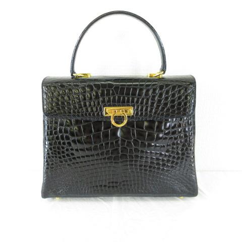 【中古】クリエーションルセ CREATION LUSSET ハンドバッグ クロコダイル レザー 黒 *T436 レディース