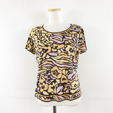 【中古】レオナール LEONARD カットソー 半袖 総柄 オレンジ 黒 LL *A877 レディース