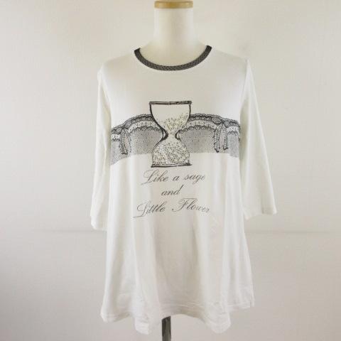 【中古】インポートロッサ Rossa カットソー Tシャツ 七分袖 チュール プリント ラインストーン 白 44 レディース