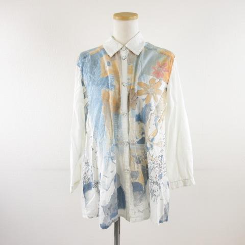 【中古】インポートロッサ Rossa シャツ ブラウス 七分袖 総柄 白 42 *A193 レディース