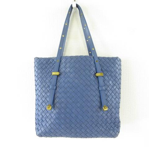 【中古】ボッテガヴェネタ BOTTEGA VENETA トートバッグ ハンド イントレチャート レザー 青 *T656 ☆AA★ レディース