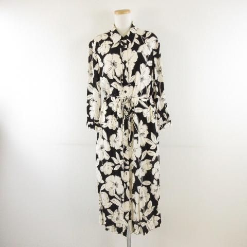 【中古】ホブズ HOBBS シャツワンピース ロング 長袖 花柄 オフホワイト 黒 38 *A505  レディース