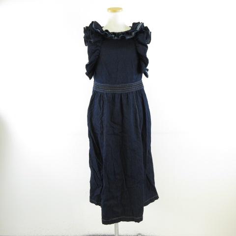 【中古】ミーア Mia デニムワンピース フリル ノースリーブ ミモレ丈 紺 38 *A526 レディース