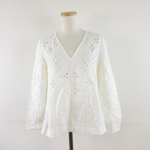 【中古】セオリー Theory リネンカットソー 刺繍 長袖 白 オフホワイト P *A897 レディース