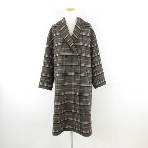 【中古】レイビームス Ray Beams ダブルチェスターコート チェック 長袖 ロング 茶 黒 *A272 レディース