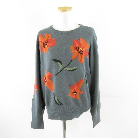 【中古】バリー BALLY カシミヤニット セーター 花柄 長袖 グレー L *A445 レディース