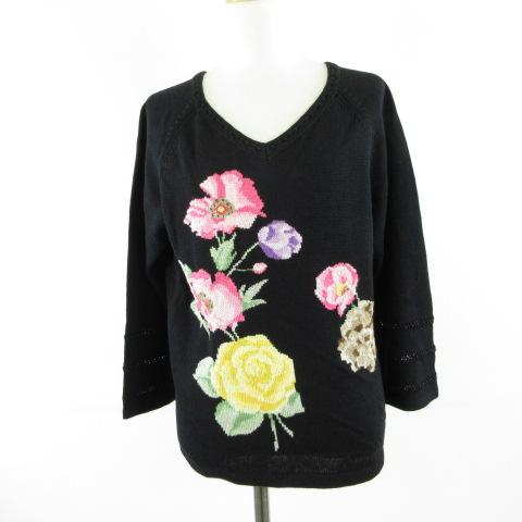 【中古】レオナール LEONARD ニット 七分袖 Vネック 花柄 ビーズ ラインストーン シルク混 黒 LL *T760 レディース