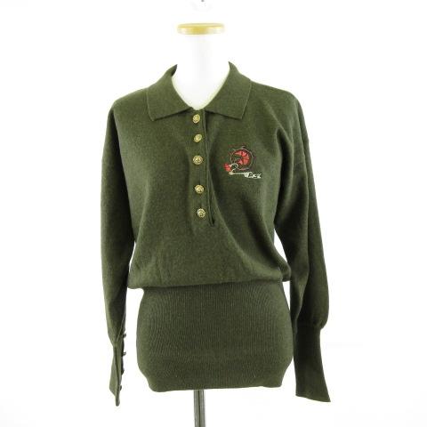 【中古】ポーシャル Poushal カシミヤニット セーター 刺繍 長袖 カーキ 緑 40 *A473 レディース