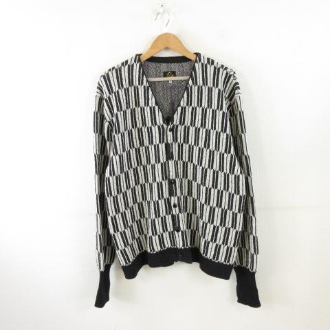 【中古】未使用品 ニードルス ニードルズ Needles Vネック カーディガン 手刺繍 黒 白 L *A744 メンズ