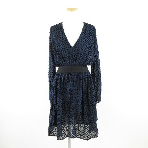 【中古】アルビノ ALBINO ワンピース ひざ丈 長袖 ドット 紺 40 黒 *A882 レディース