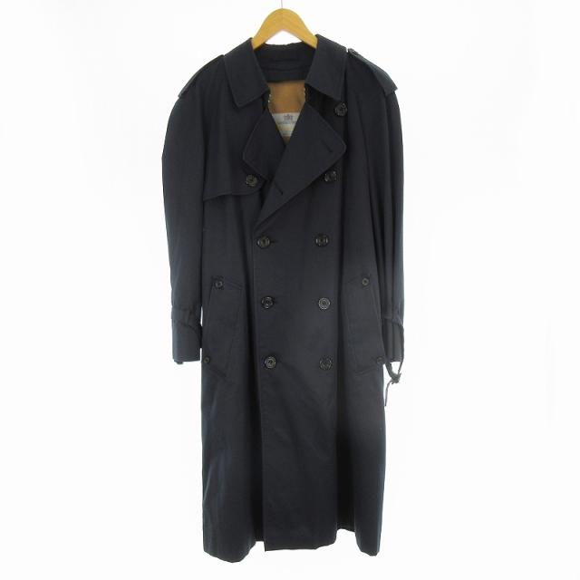 【中古】アクアスキュータム AQUASCUTUM 80s 90s 英国製 トレンチコート ロング ライナー付き チェック 紺 ネイビー コットン 38
