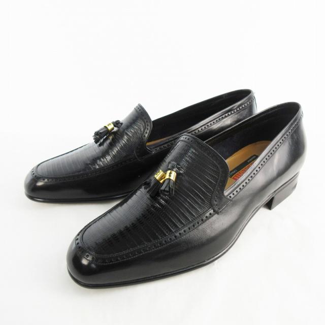 【中古】未使用品 ア・テストーニ a.testoni ローファー タッセル 黒 ブラック レザー 7 1/2 約25.5ｃｍ 革靴 メンズ