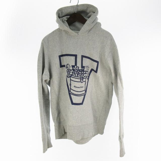 【中古】Gimme Five ギミーファイブ スウェット パーカー プルオーバー ポパイ プリント グレー ネイビー 裏起毛 L メンズ