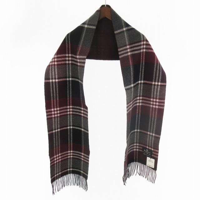 【中古】未使用品 アクアスキュータム AQUASCUTUM カシミヤ100％ マフラー チェック柄 ワインレッド ブラック 180ｃｍ