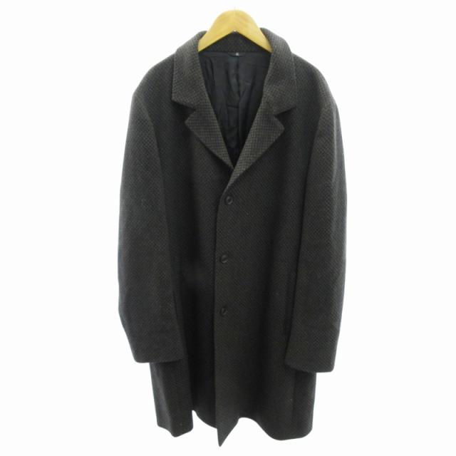 【中古】ランバン LANVIN 美品 ステンカラーコート シャドーチェック ウール 54 黒 ブラック グレー メンズ