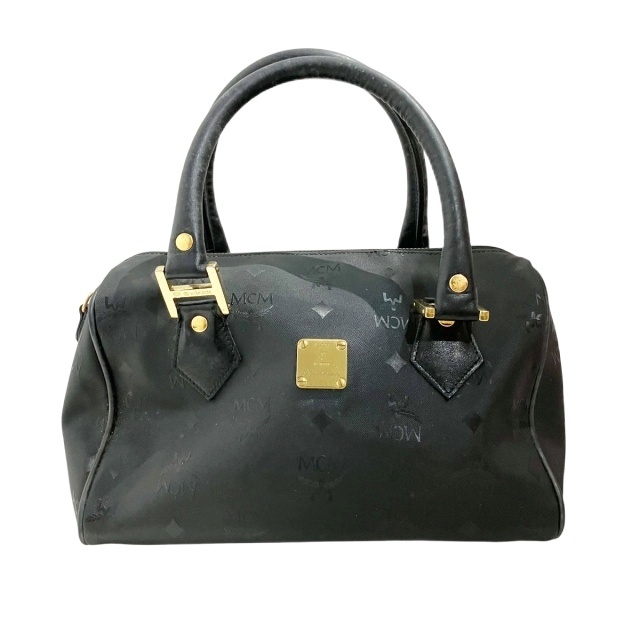 【中古】エムシーエム MCM PVC×レザー ハンドバッグ ミニボストン ロゴ ゴールド金具 黒 ブラック ■WY