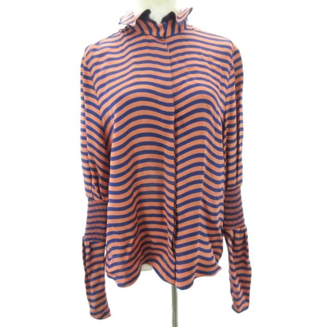 【中古】フェンディ FENDI 美品 変形 シルク シャツ ブラウス ボーダー フリル 長袖 オレンジ系 38 約M レディース
