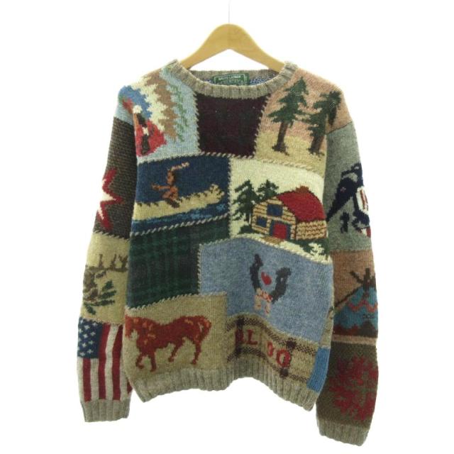 【中古】ラルフローレン カントリー 80s 90s ニット セーター パッチワーク 総柄 ウール 長袖 M マルチカラー