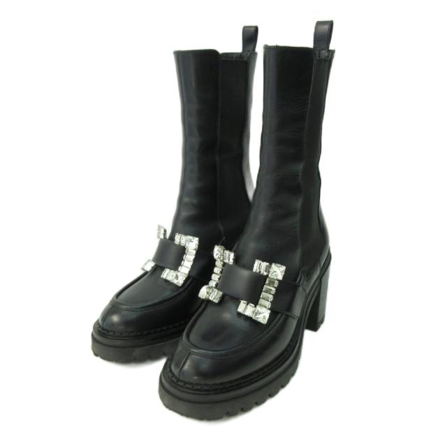 【中古】セルジオロッシ 23AW  バイカープリンス サイドゴアブーツ クリスタル ビジュー 黒 ブラック  35.5 約22.5cm