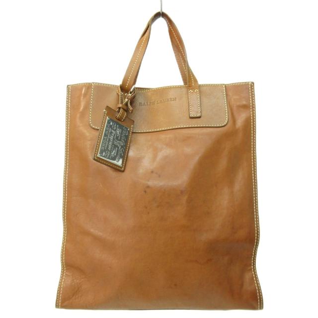 【中古】ラルフローレン RALPH LAUREN レザー トートバッグ 肩掛け ロゴ プレート 茶 ブラウン メンズ