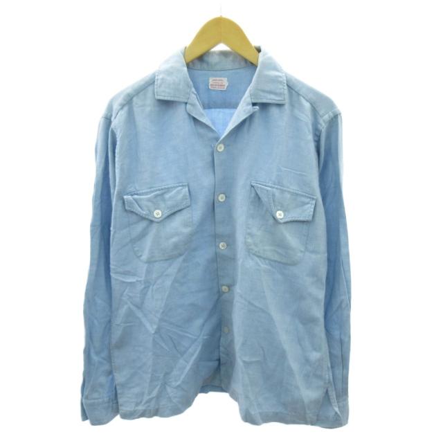 【中古】サックスフィフスアベニュー 50s オープンカラーシャツ 開襟 ウール コットン 長袖 M 水色 ライトブルー
