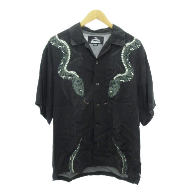 【中古】ネイバーフッド NEIGHBORHOOD × The great frog アロハシャツ オープンカラー ヘビ柄 半袖 黒 ブラック M