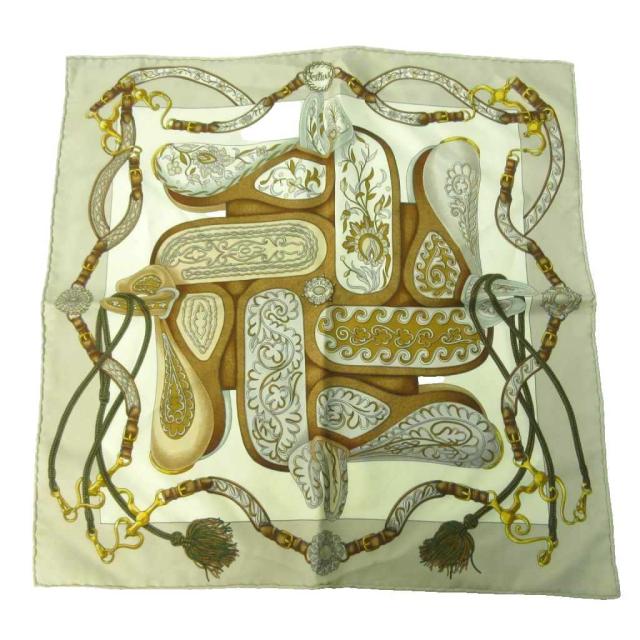 【中古】エルメス HERMES カレ45 スカーフ フェスティバル シルク ベージュ系 1206 ☆AA★ レディース