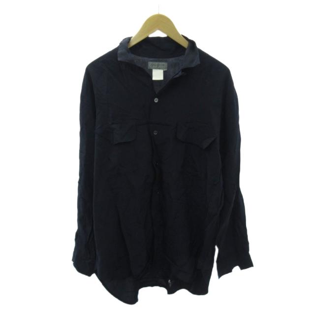 【中古】ヨウジヤマモトプールオム 丸文字 80s オープンカラーシャツ 開襟 長袖 M 紺 ネイビー 1212 メンズ