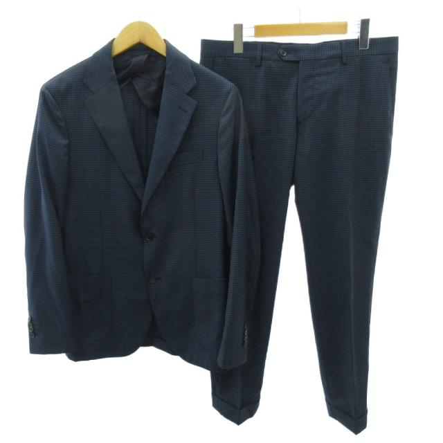 【中古】ラルディーニ LARDINI 美品 スーツ セットアップ テーラードジャケット パンツ チェック柄 ウール 48 紺