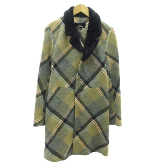 【中古】トリココムデギャルソン tricot COMME des GARCONS 美品 チェック ファー ロングコート ジャケット F AD1996