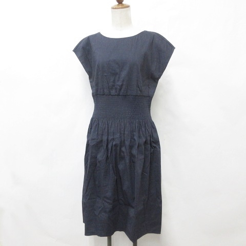 【中古】未使用品 セオリー Theory ワンピース チュニック 半袖 ひざ丈 フレア リネン 麻 紺 ネイビー M レディース