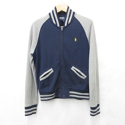 【中古】ポロ ラルフローレン ジャケット ブルゾン ジップアップ バイカラー 刺繍 スウェット 紺 グレー M メンズ