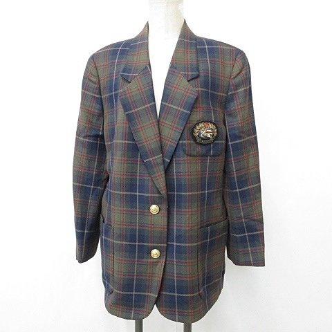 【中古】バーバリーズ テーラードジャケット シングル 背裏 チェック柄 ワッペン ウール 大きいサイズ 紺 カーキ 15